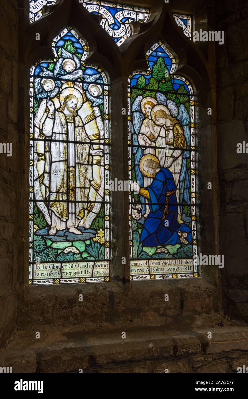 Stained glass window detail in the church of St Michael and All Angels ...