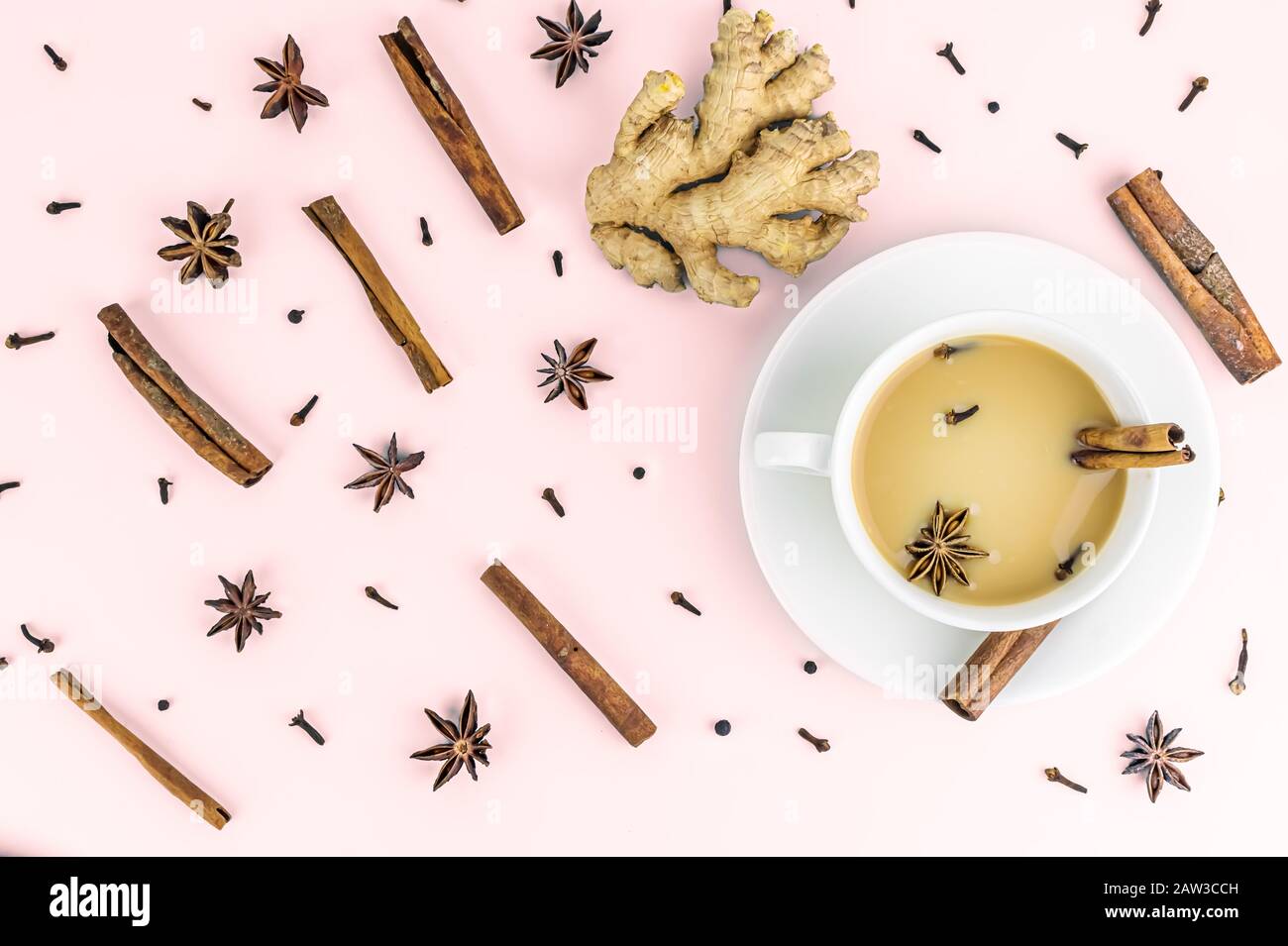 Traditional indian masala chai tea in white cup with spiced. With copy ...