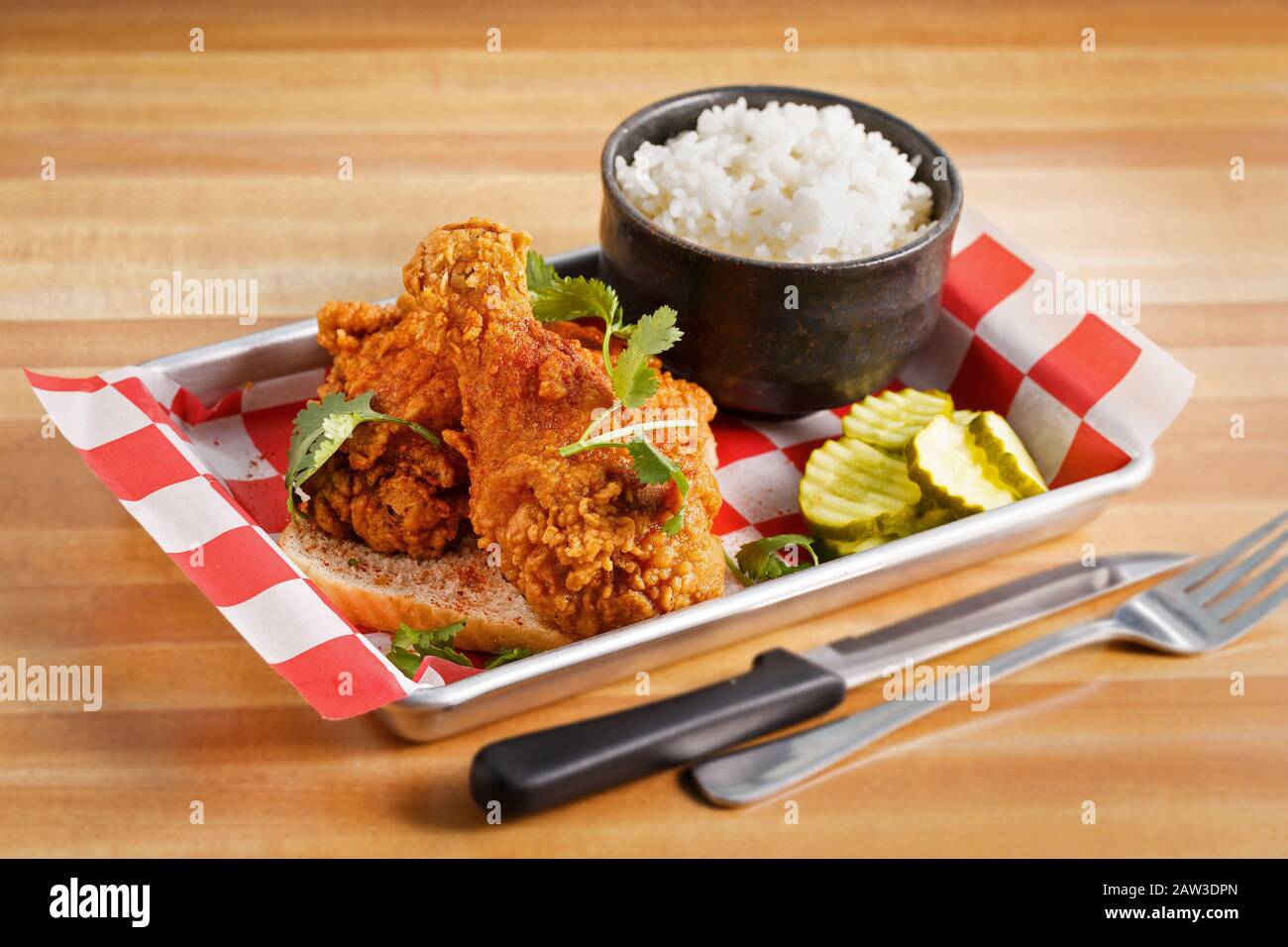 Spicy Asian Fried Chicken with White Rice Stock Photo - Alamy