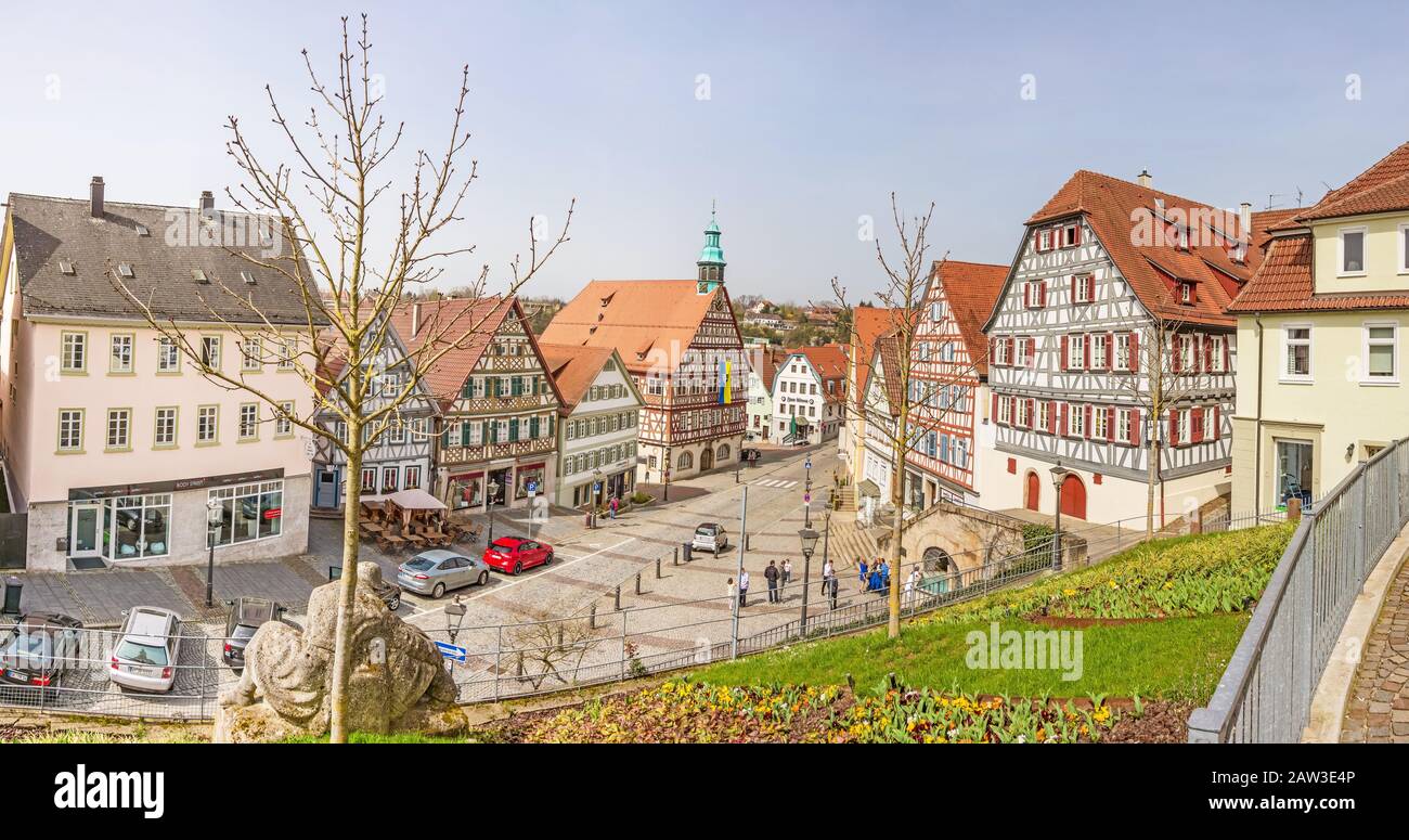 Backnang, Germany - April 3, 2016: City center panorama with townhall ...