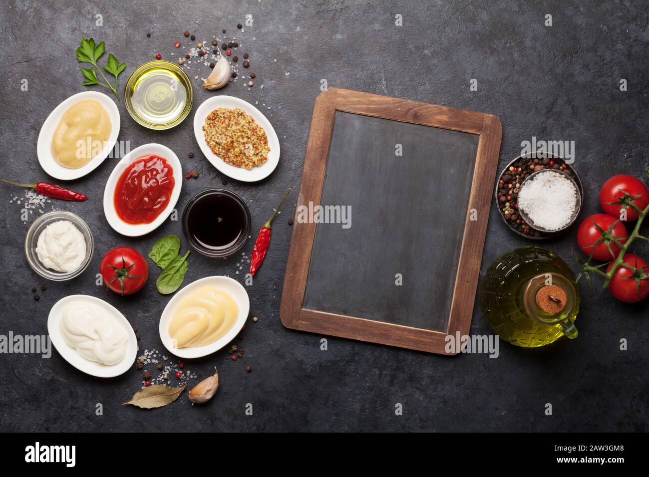 Set of various sauces. Popular sauces in bowls - ketchup, mustard ...