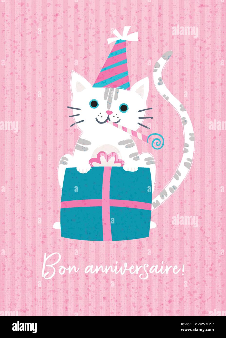Birthday Card. Cute white cat with gift box and party hat on white ...