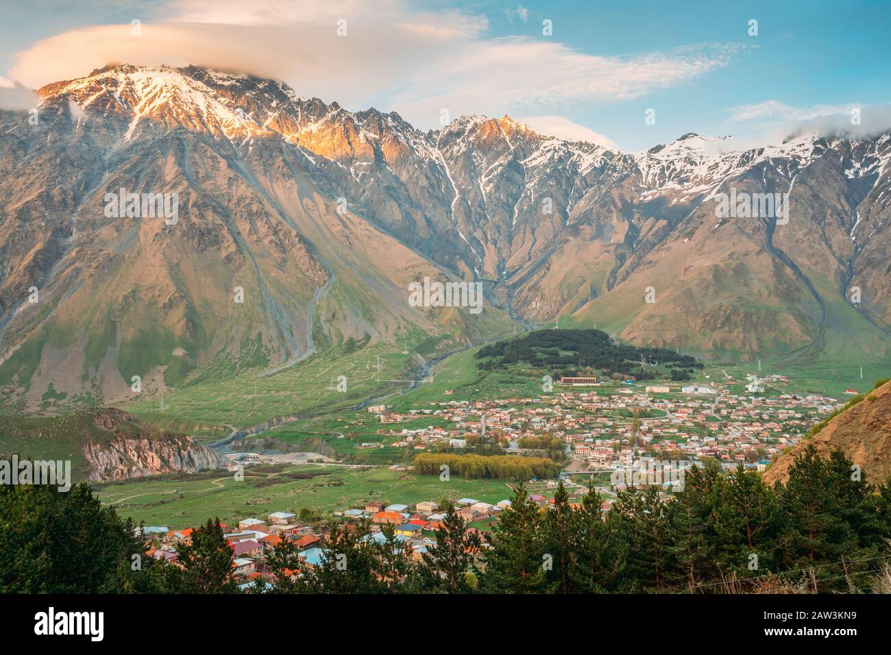 Stepantsminda Village At Sunny Evening Sunset In Kazbegi District ...