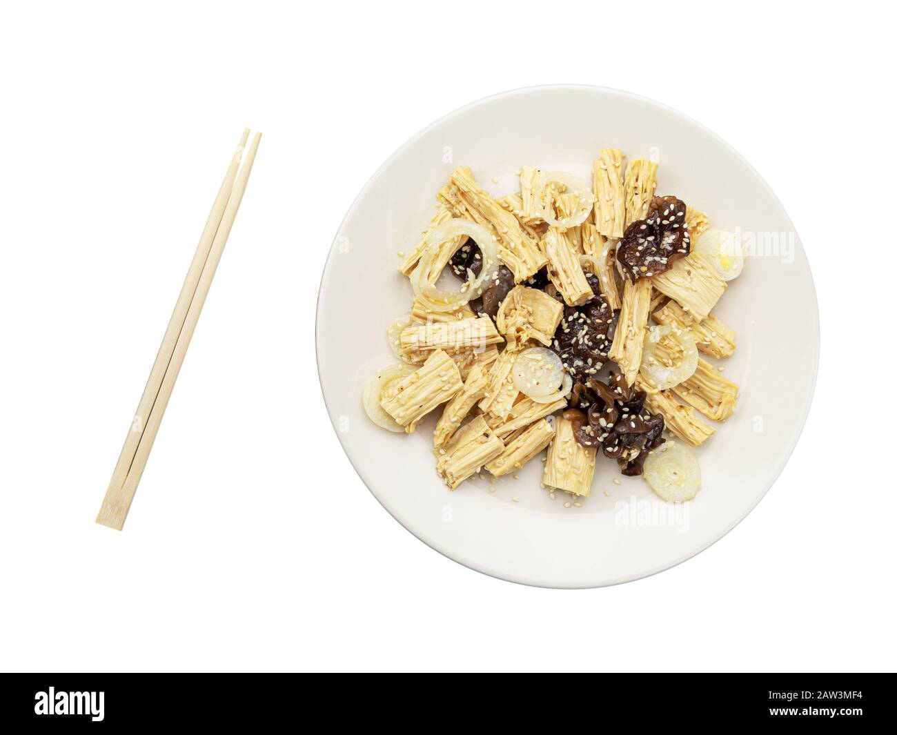 Spicy Chinese or Korean Yuba tofu bamboo and Oyster mushrooms on white ...