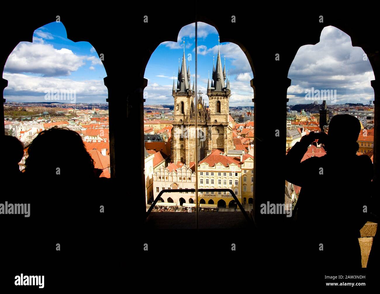 View of Tyn cathedral from the astronomical clock in Prague Stock Photo ...