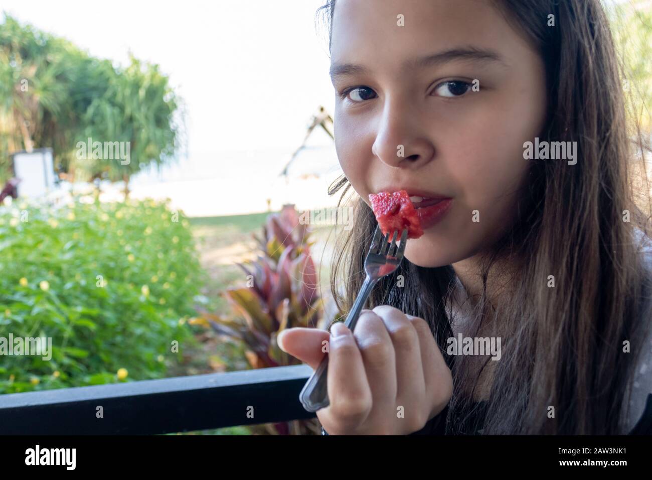 Asian American Tween girl eats watermelon with a fork Stock Photo - Alamy