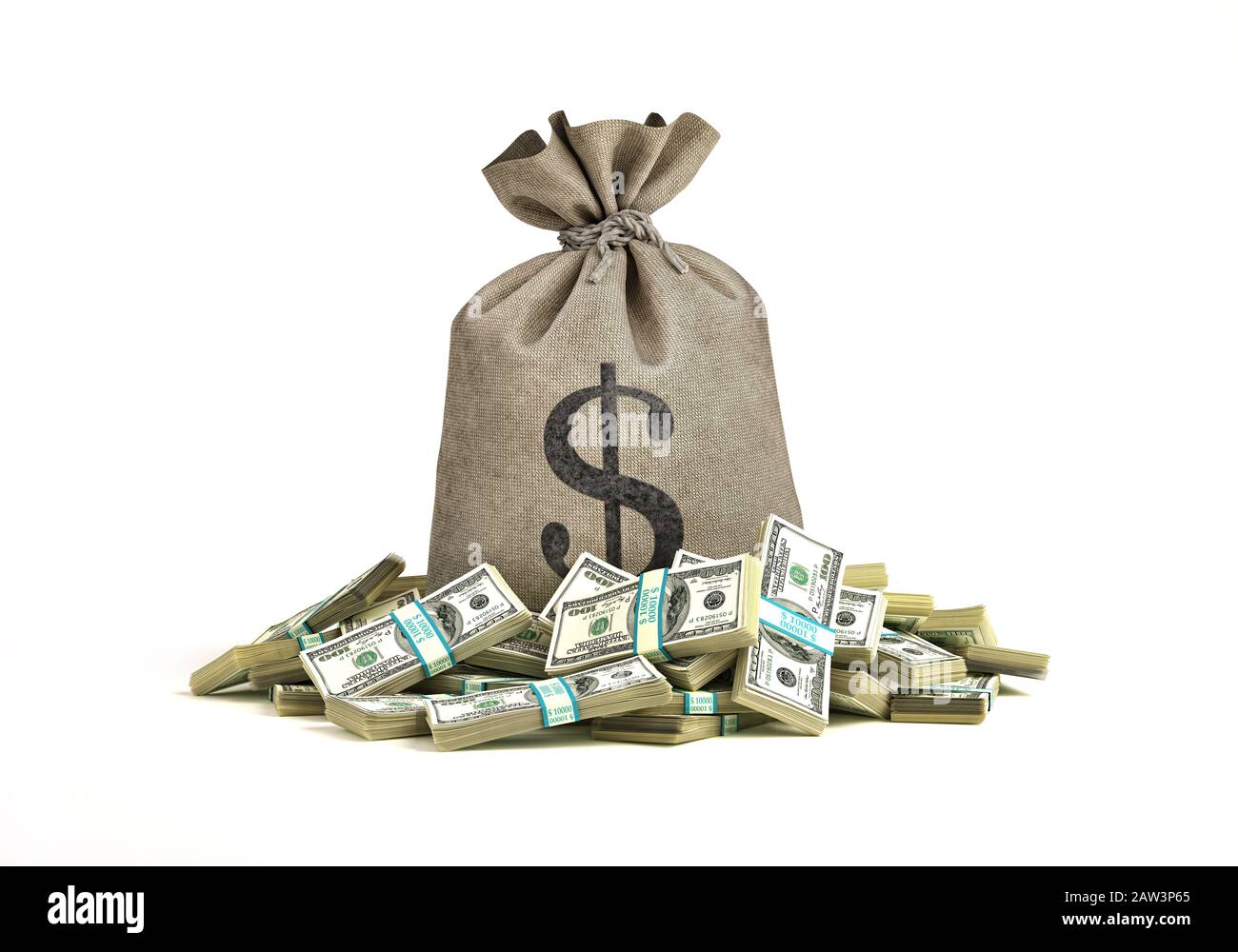 Money bag with many wads of banknotes in front of it. 3D illustration ...