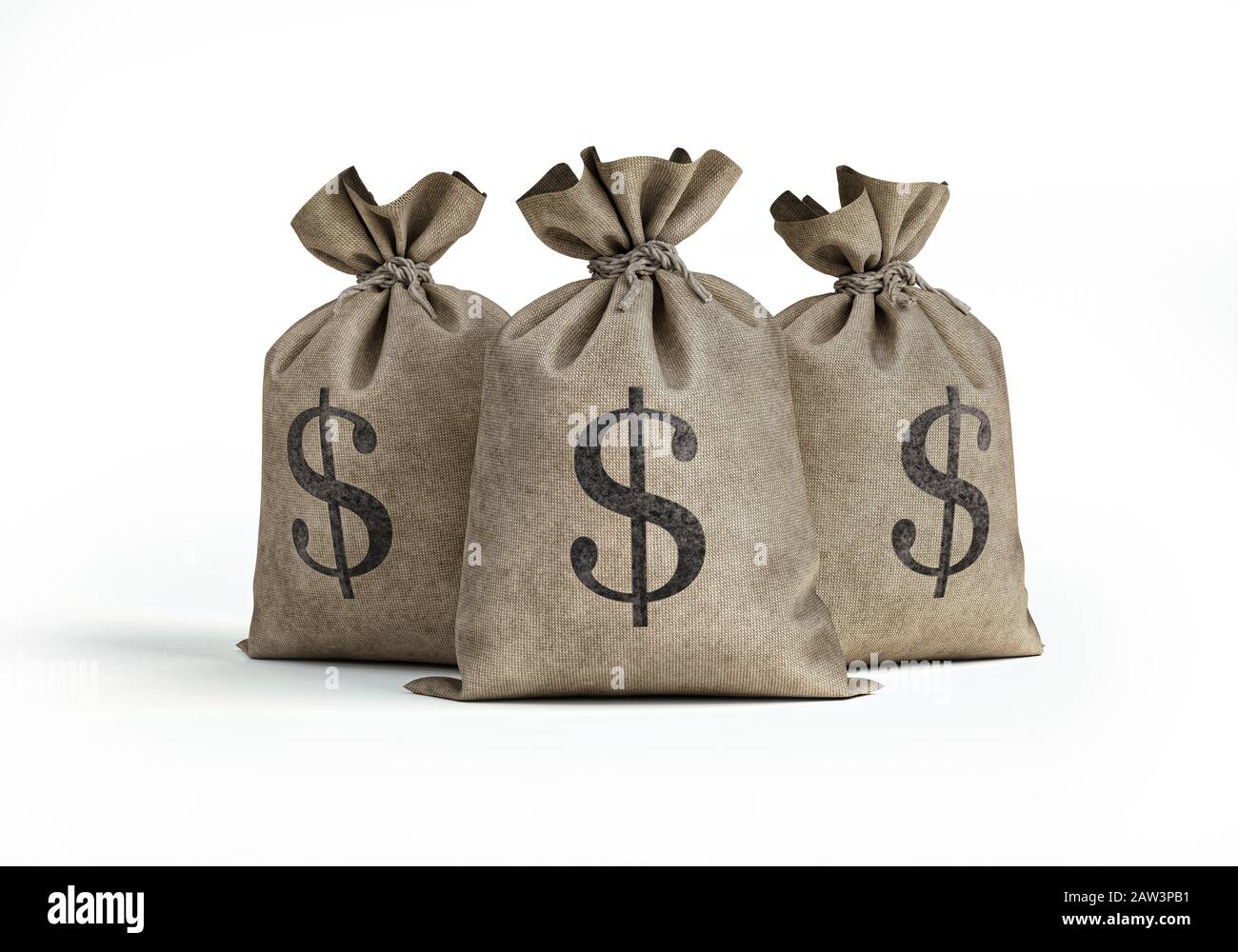 Money bags. Three with U.S. Dollar sign. 3D illustration on white ...