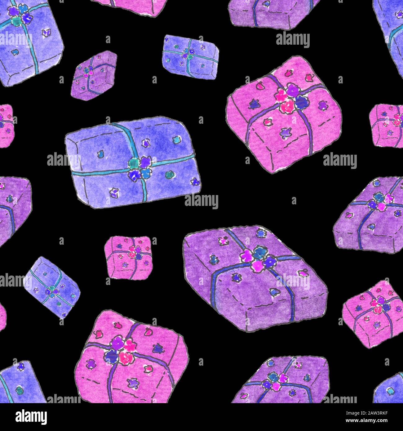 Seamless pattern with pink, blue and purple presents boxes. Watercolor ...