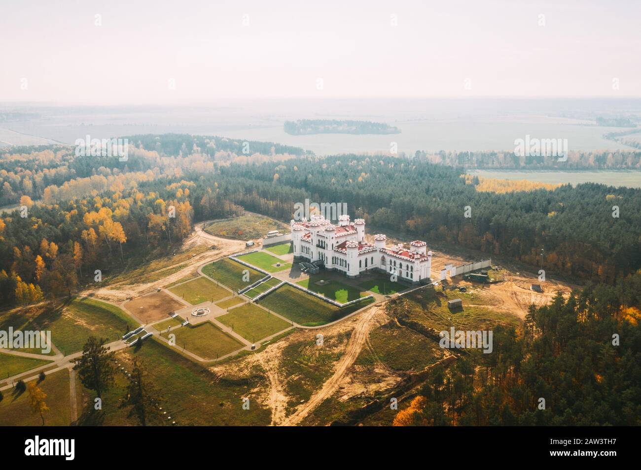 Kosava, Belarus. Aerial Bird's-eye View Of Famous Popular Historic ...