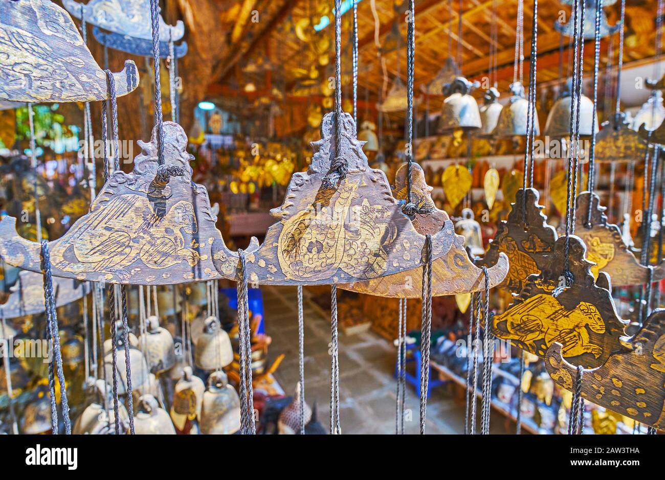 The antique kyeezee (kyey se) gongs decorated with engraved chinthe ...