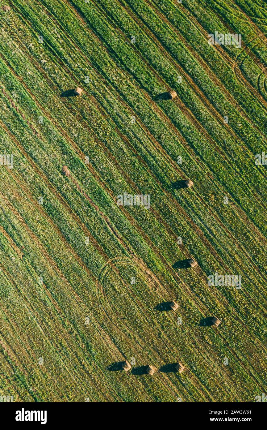 Aerial View of Summer Field Landscape With With Dry Hay Bales During ...