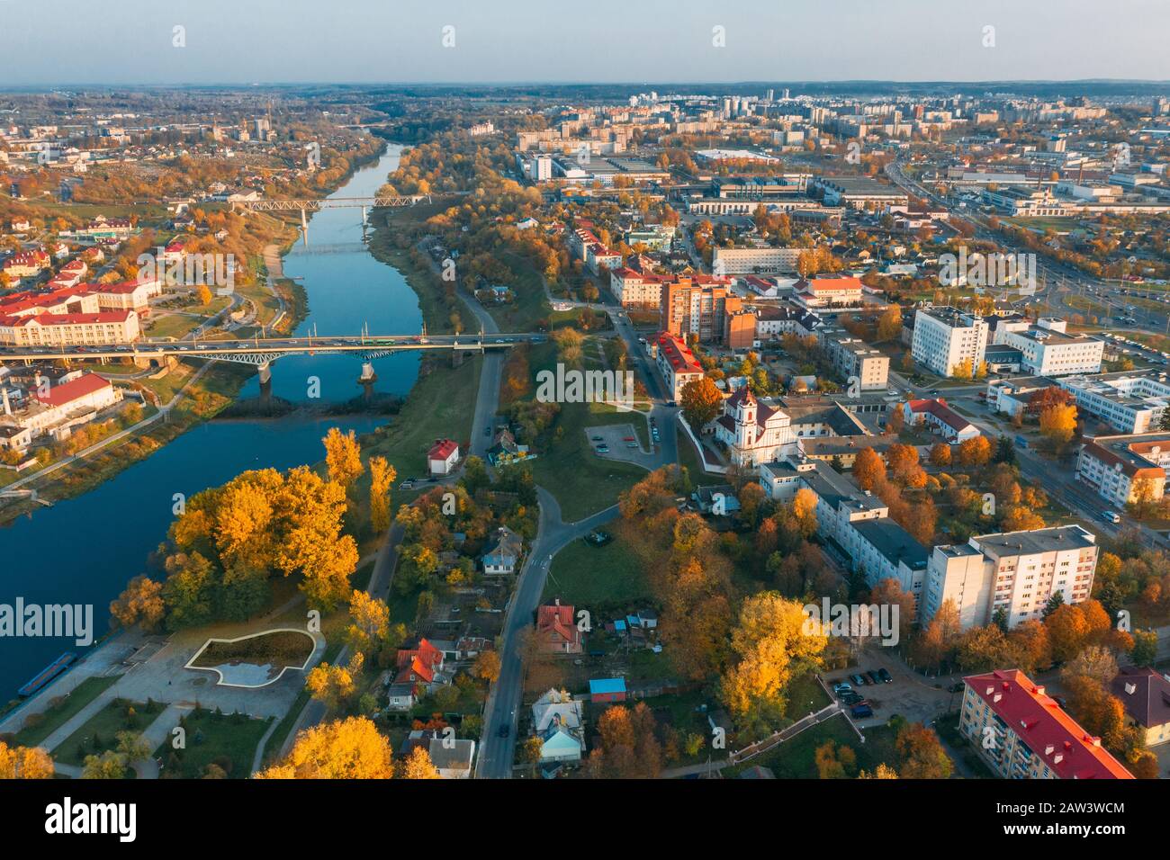 Grodno, Belarus. Aerial Bird's-eye View Of Hrodna Cityscape Skyline ...