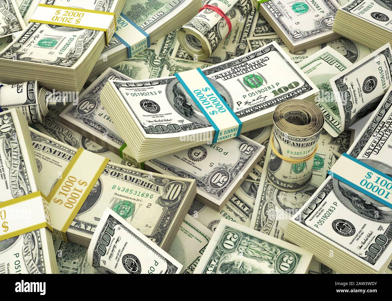Money. Mixed wads of USD banknotes and a few rolls. 3D illustration ... Money. Mixed wads of USD banknotes and a few rolls. 3D illustration ...