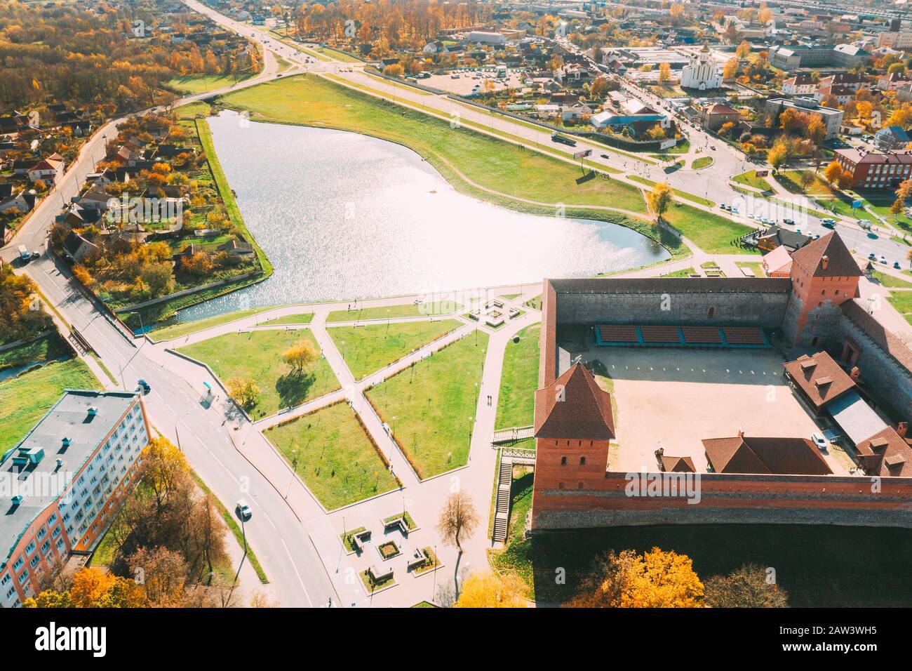 Lida, Belarus. Aerial Bird's-eye View Of Cityscape Skyline. Lida Castle ...