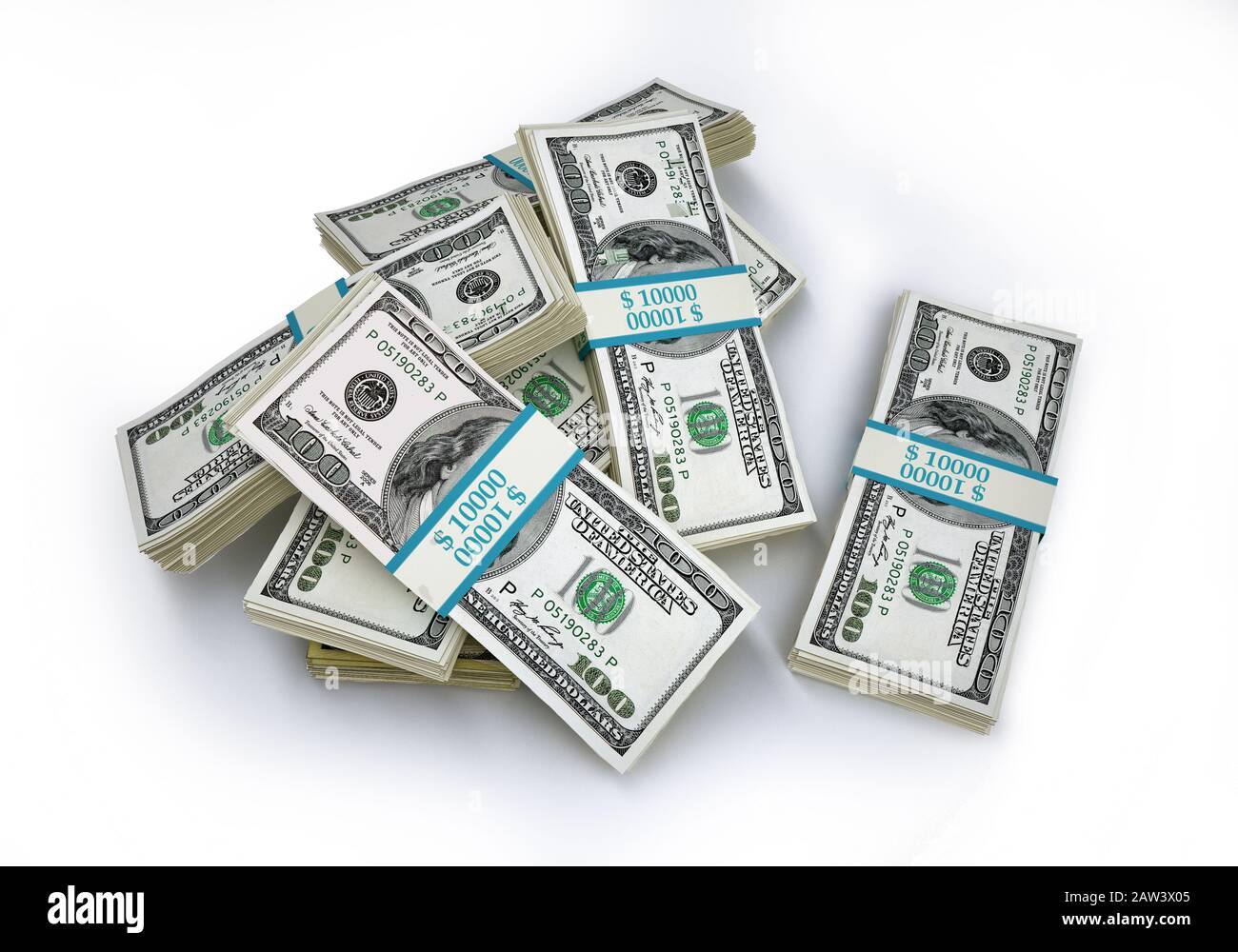 Money. Group of few wads of 100 USD banknotes. Viewed from above. 3D ...