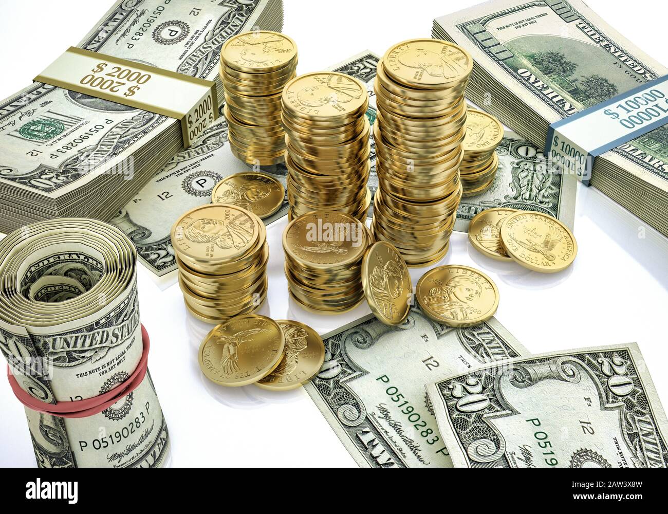 Money. Mixed wads of USD banknotes, a few spare ones and some stacks of ...