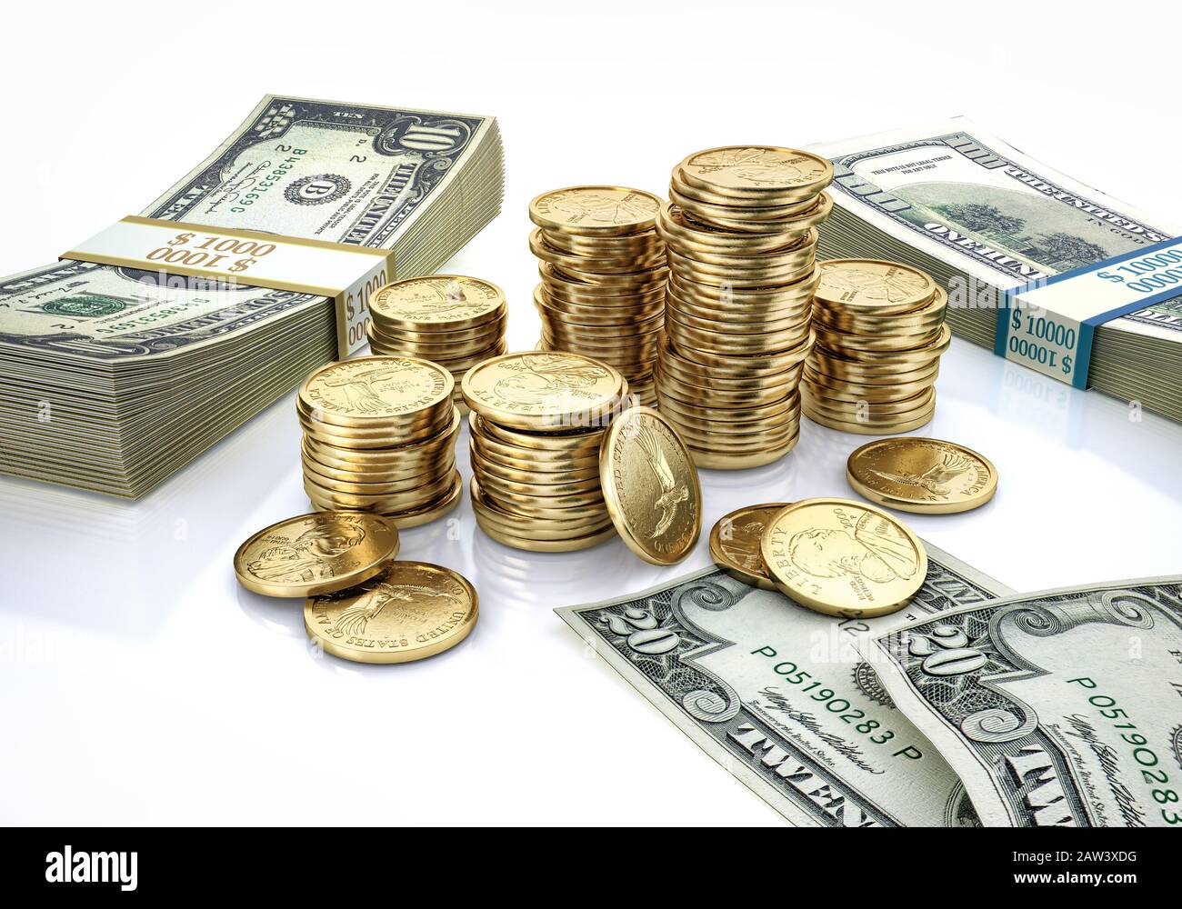 Money. Mixed wads of USD banknotes and some stacks of gold dollar coins ...