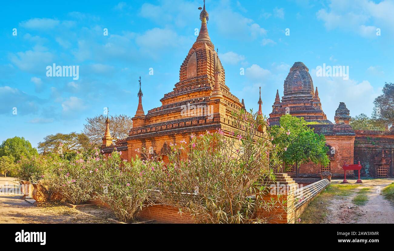 Panorama of the scenic image houses with ornate brick stupa-like towers ...