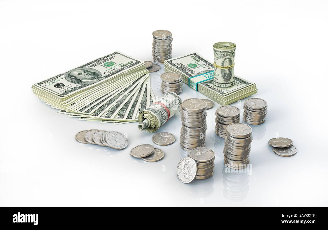 Money. Mixed wads of USD banknotes and some silver coins stacks. 3D ...