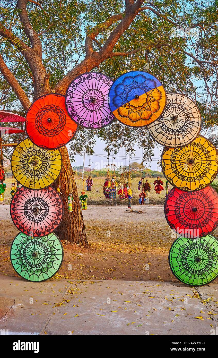 The gate of colorful hanmade paper umbrellas serves the entrance to the ...