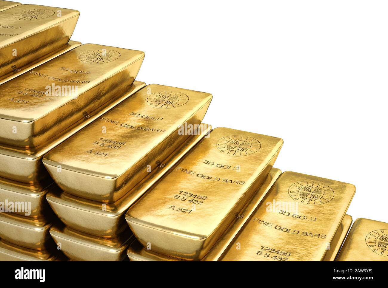 Ingots gold bars stacked aligned as a stair. Close-up. 3D illustration ...
