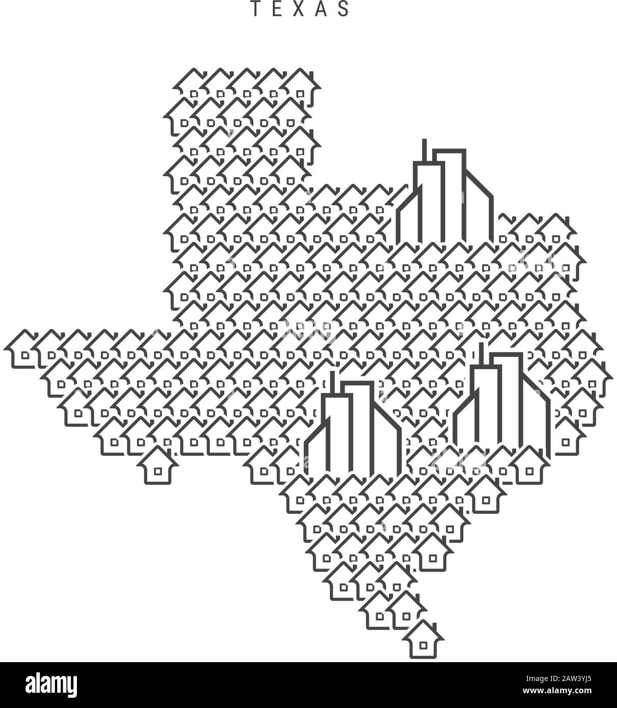 Texas real estate property map. Icons of houses in the shape of a map ...