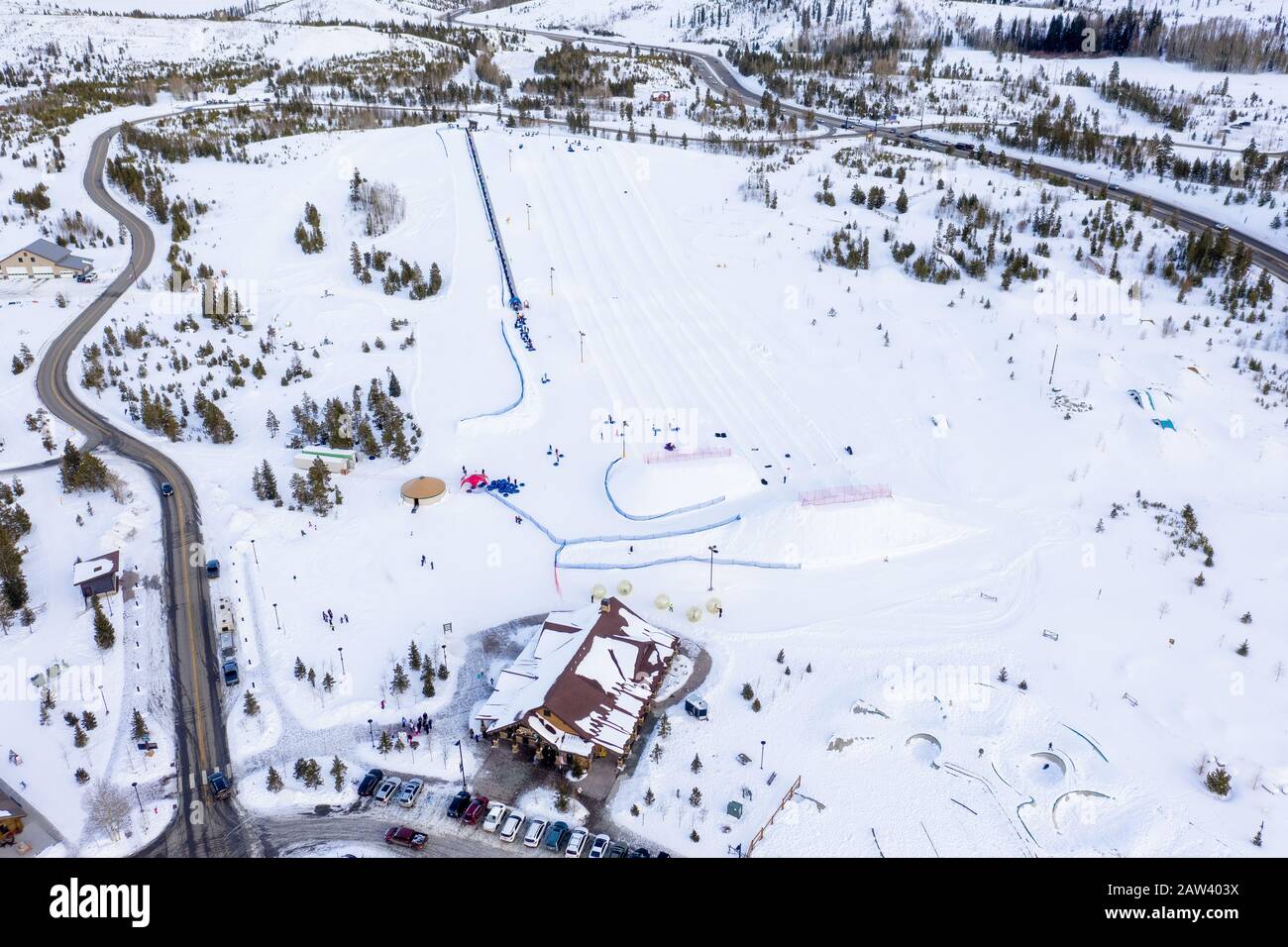 Aerial winter photo on Frisco of people doing outdoor snow recreation ...