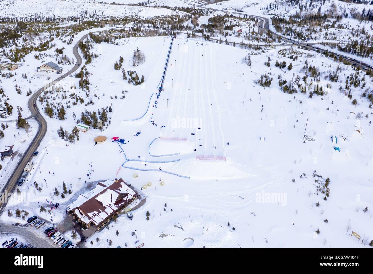 Aerial winter photo on Frisco of people doing outdoor snow recreation ...