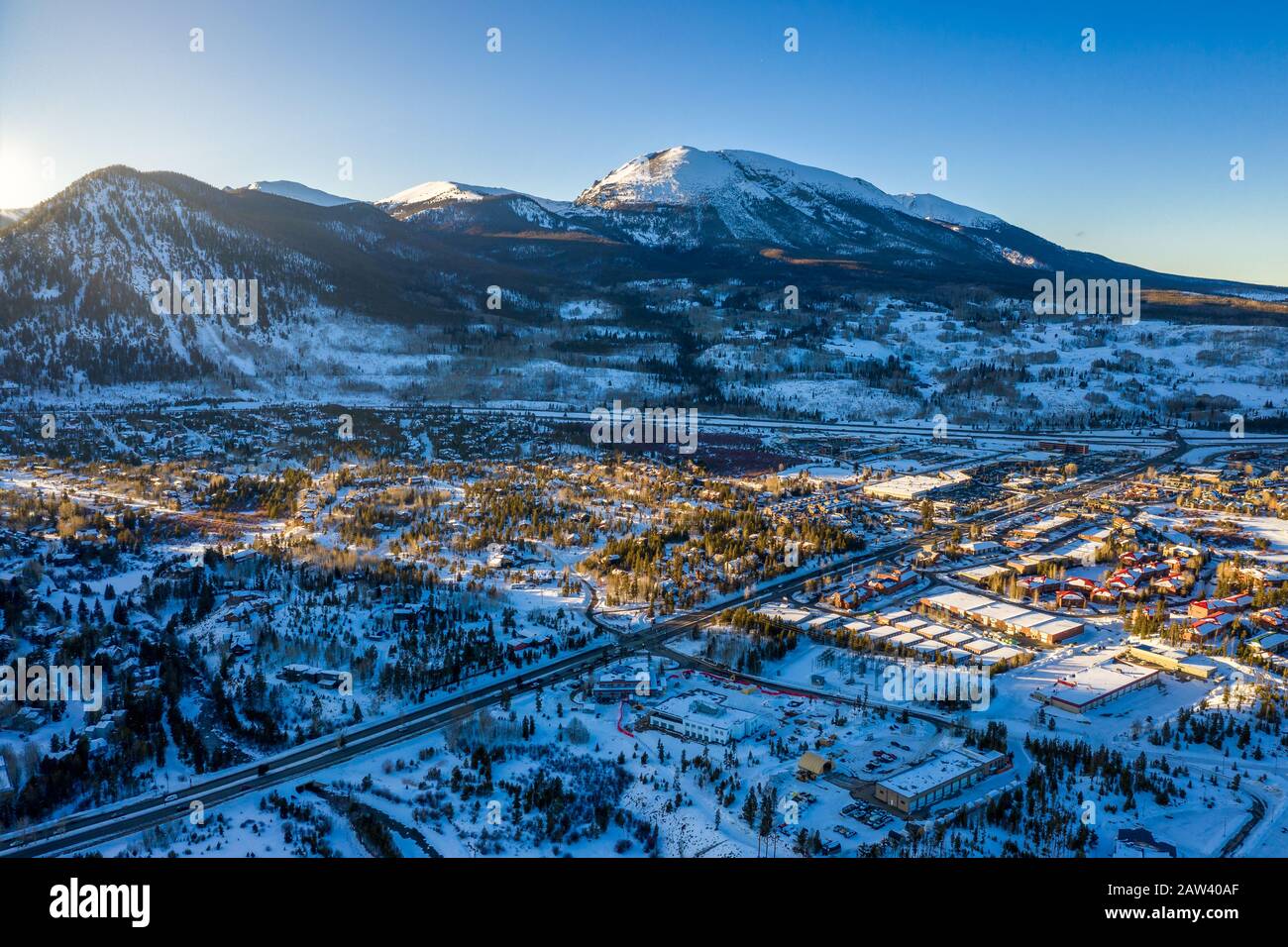 Aerial view winter wonderland sunset in Frisco Colorado Stock Photo - Alamy