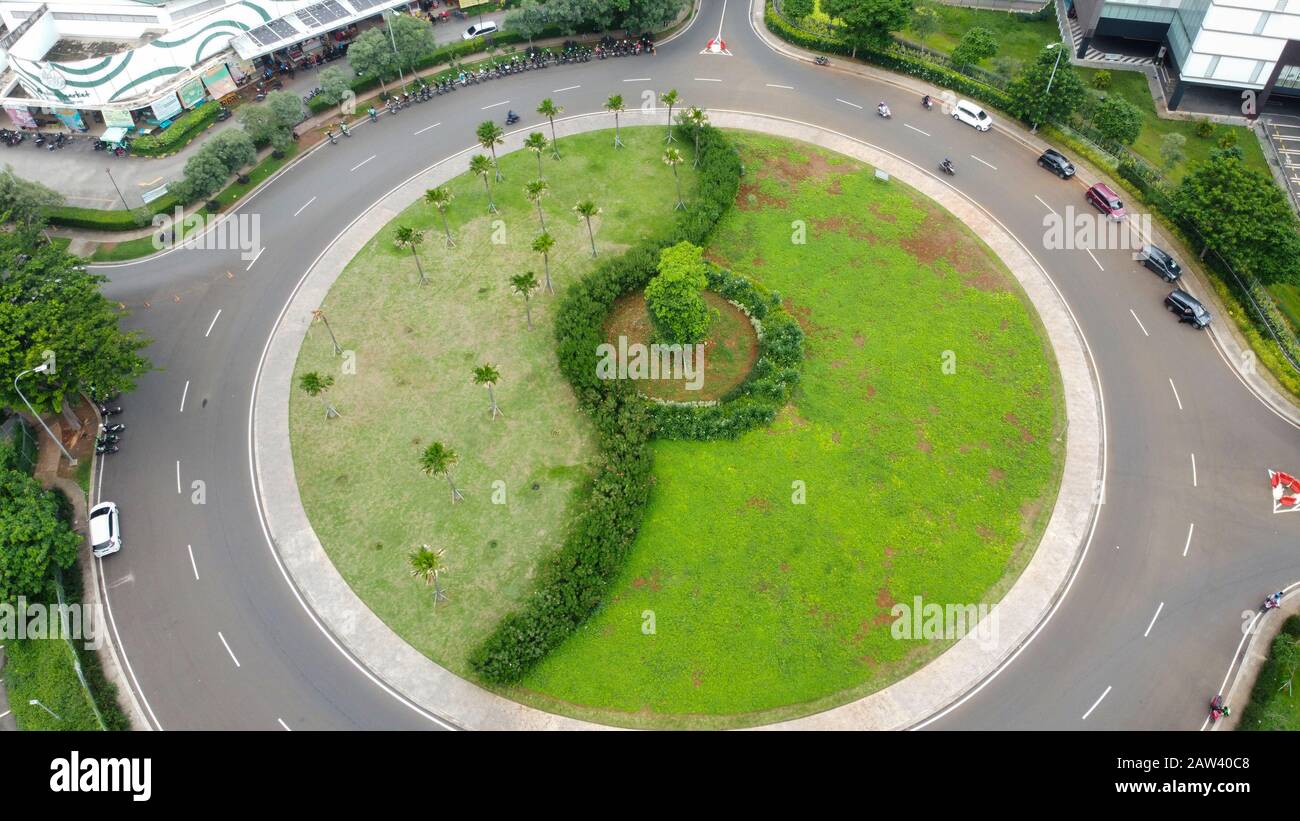 JAKARTA. INDONESIA - FEBRUARY 7 2020: aerial view of the circular park ...