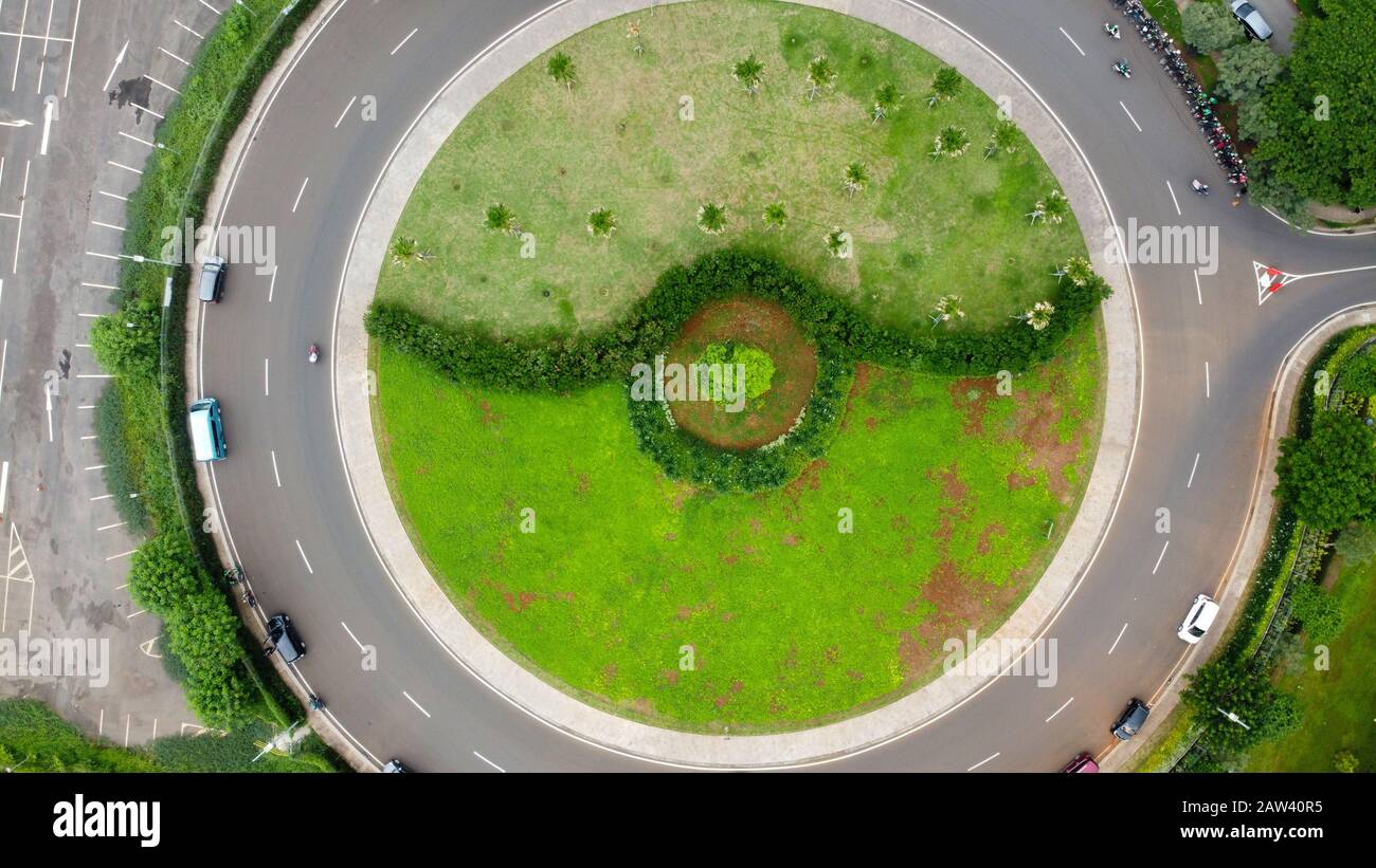 JAKARTA. INDONESIA - FEBRUARY 7 2020: aerial view of the circular park ...