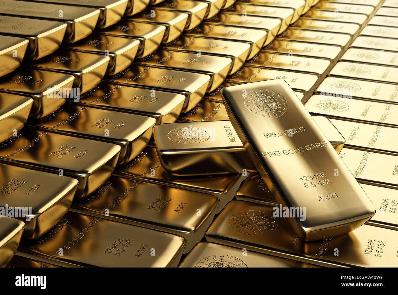 Ingots gold bars stacked aligned with two placed randomly. 3D illustration on white background ...
