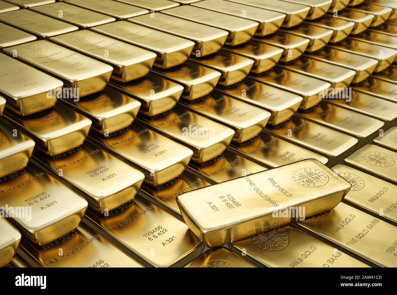 Ingots gold bars stacked aligned with one placed randomly. 3D ...