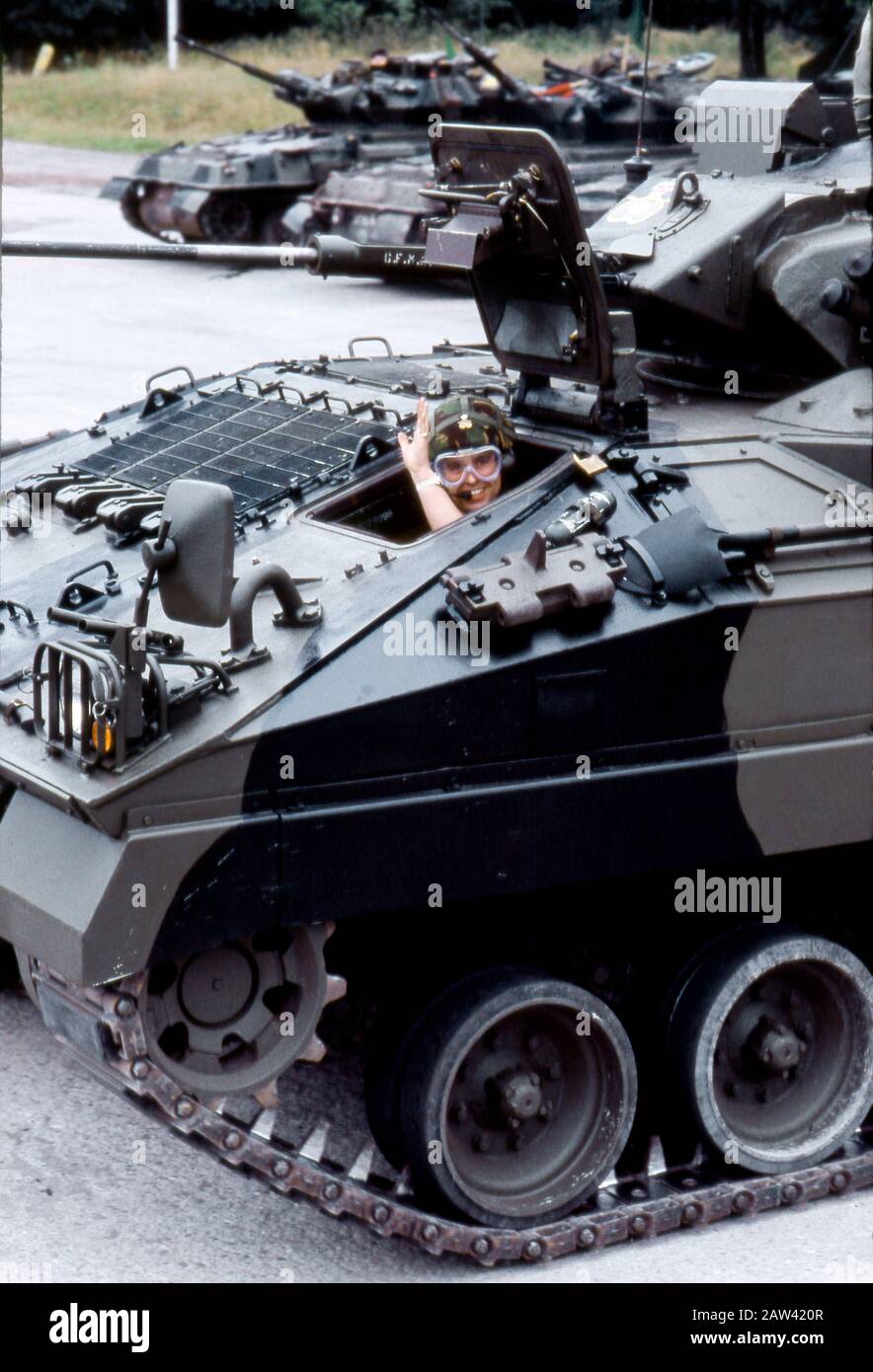 HRH Prince Andrew drives armoured personnel carrier tank APC, during a ...