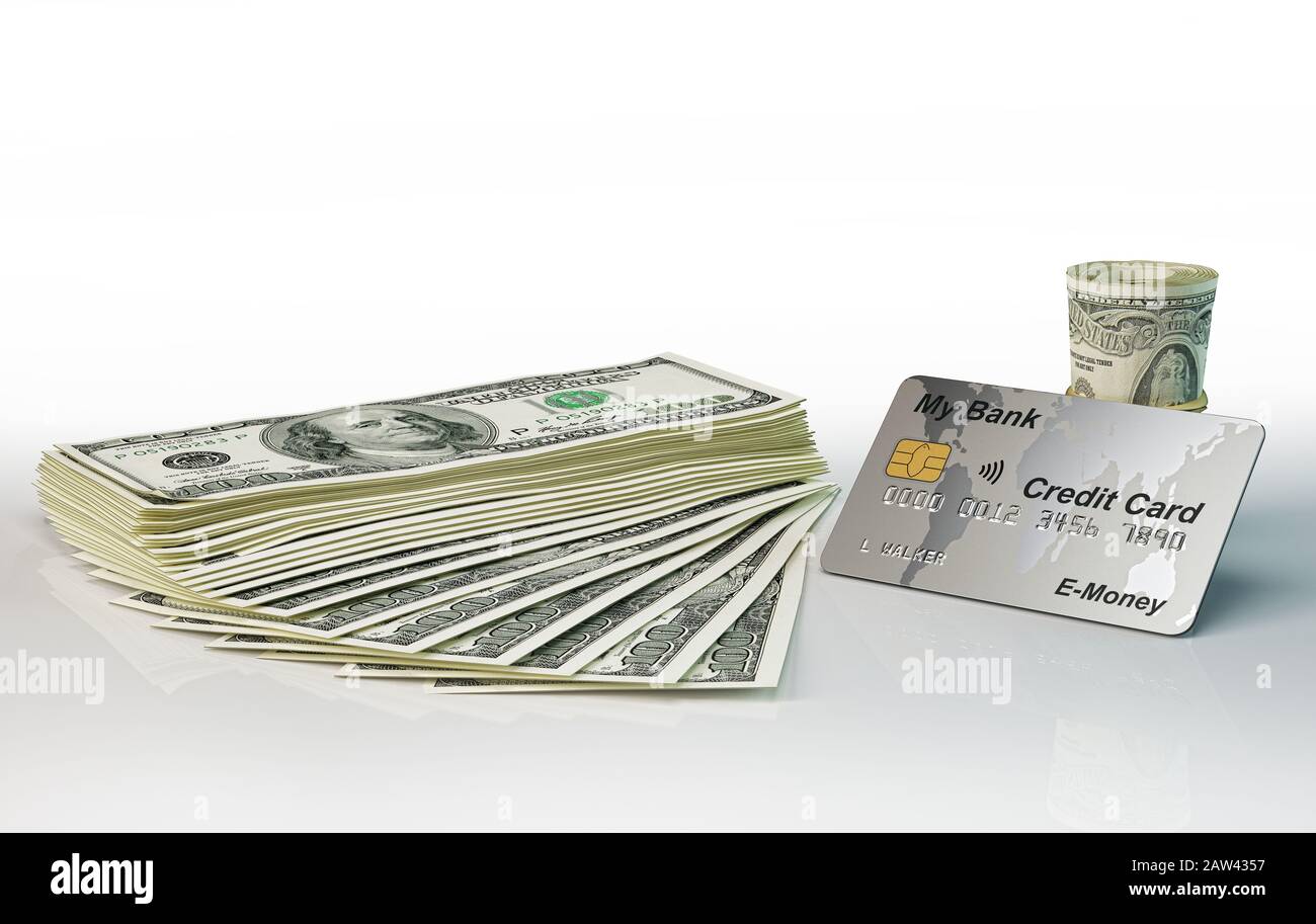 Money. 100 USD banknotes wad, roll and credit card. 3D illustration on ...
