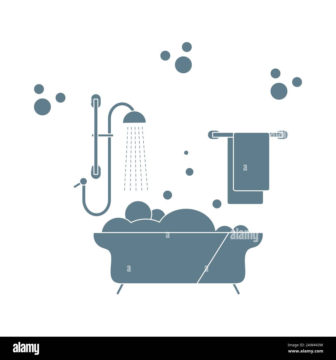 Vector illustration Bath, shower, bubbles, towel, hanger. Bath time ...