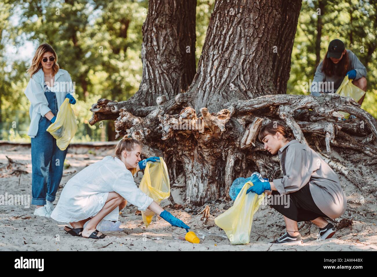 Group of activists friends collecting plastic waste on the beach ...