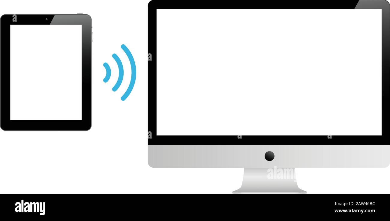 Smart device tablet connected via wifi wireless connection to pc. Stock ...
