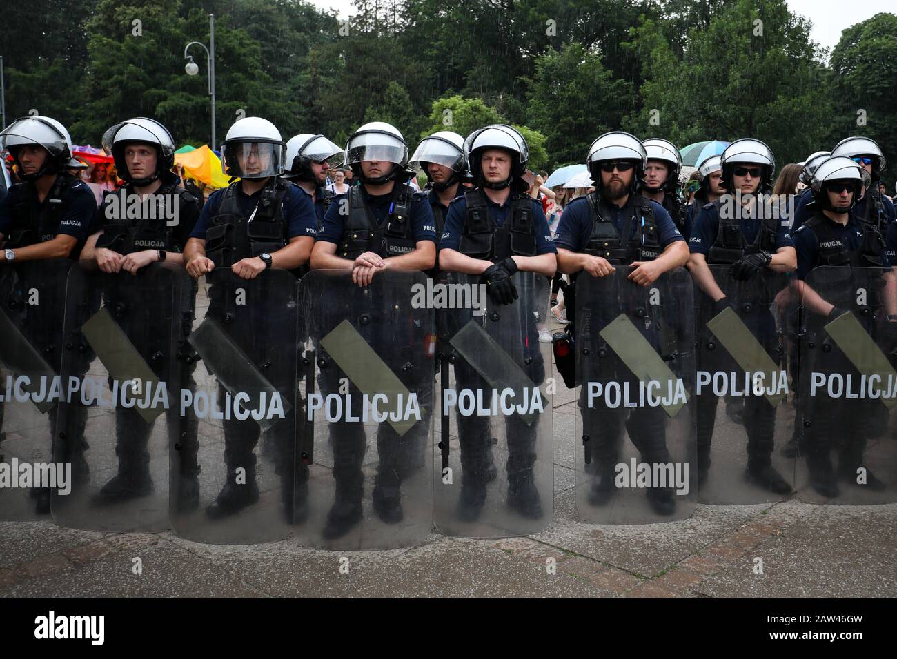 POLAND, CZESTOCHOWA - 16 June 2019: Polish policemen in action protect demonstrating people ...