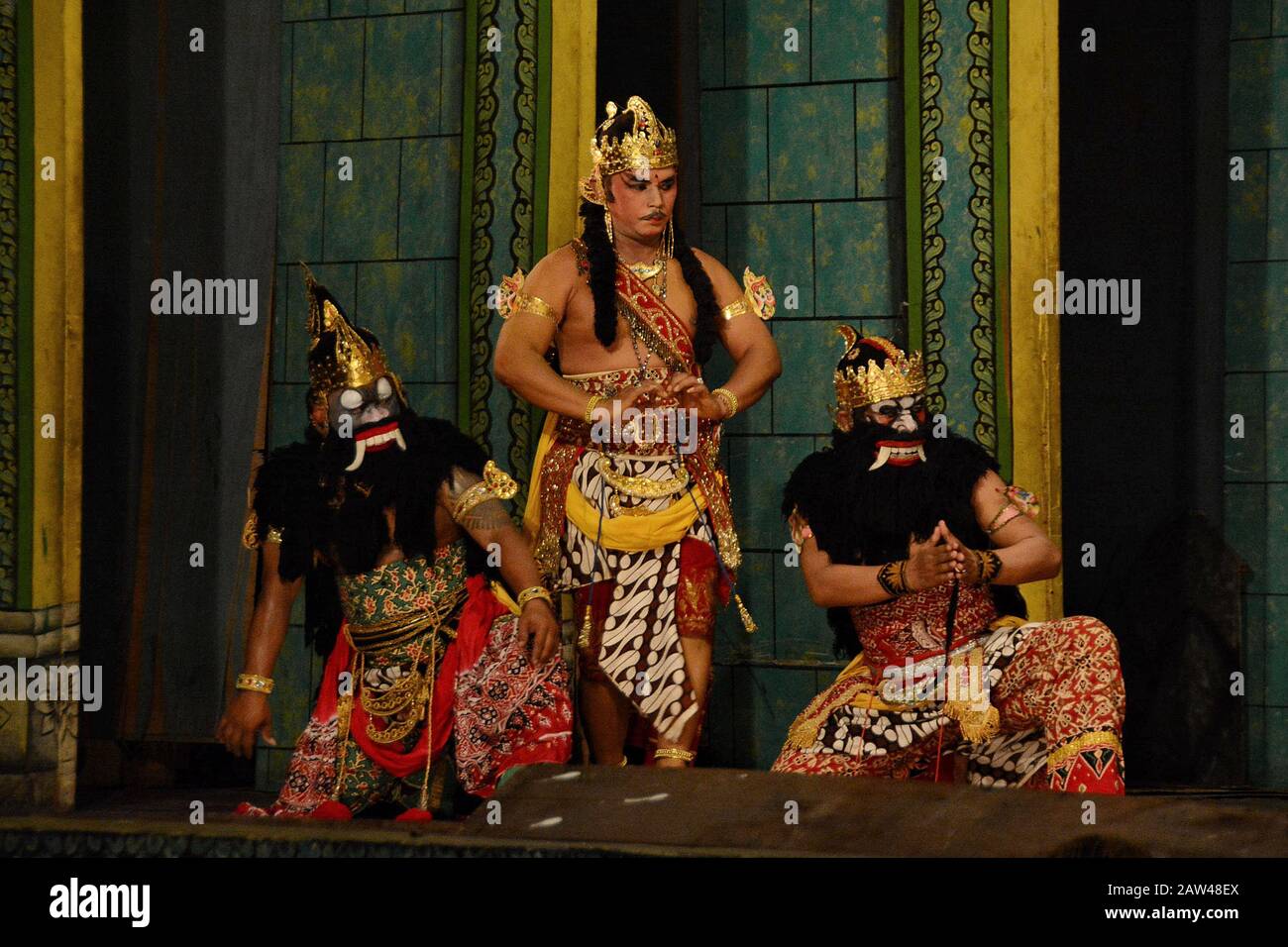 Artists seen in the performance of a puppet scene 'Wayang Orang' called ...