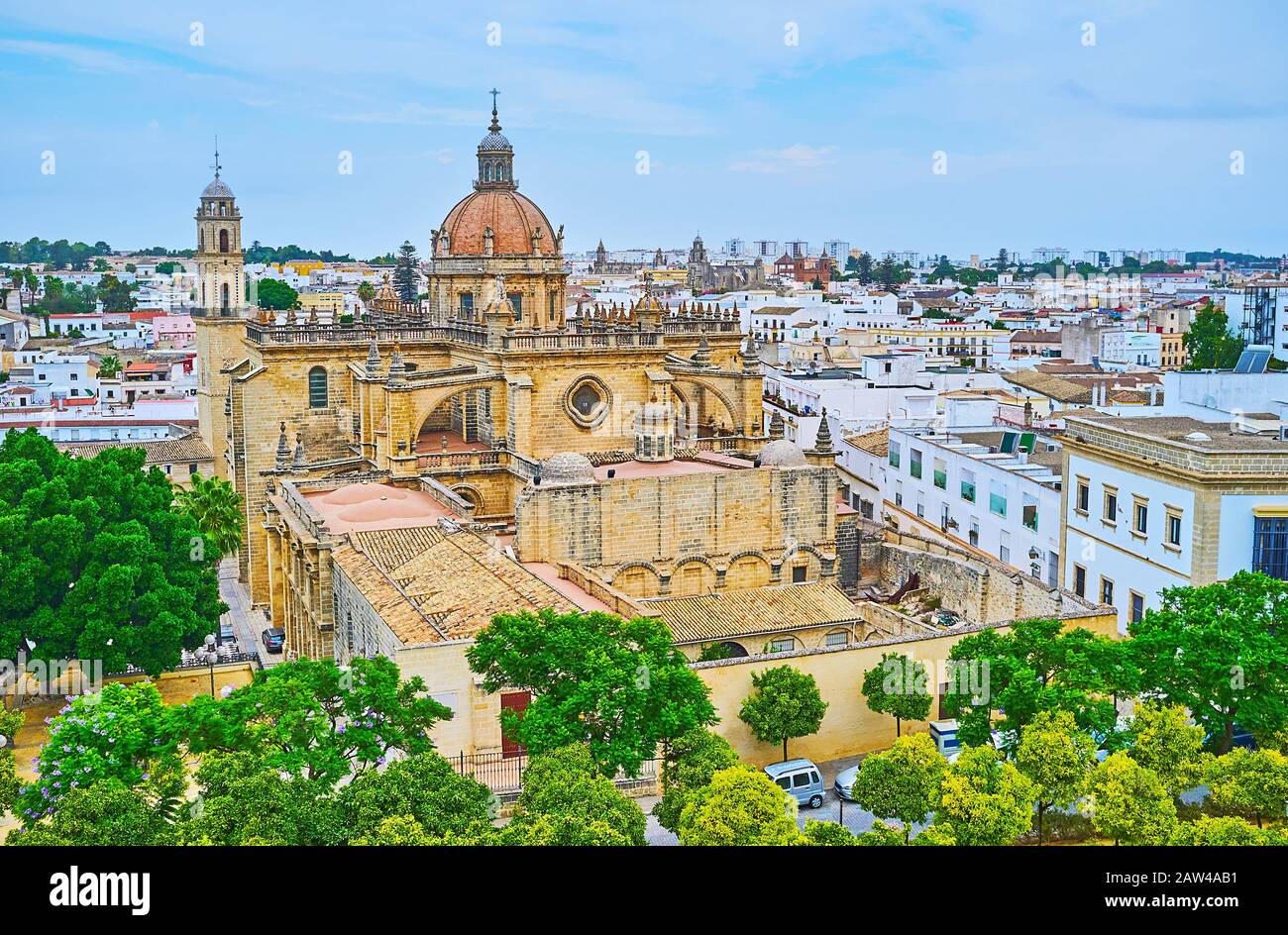 Aerial view of splendid Gothic Cathedral of Jerez with tile dome, tall ...