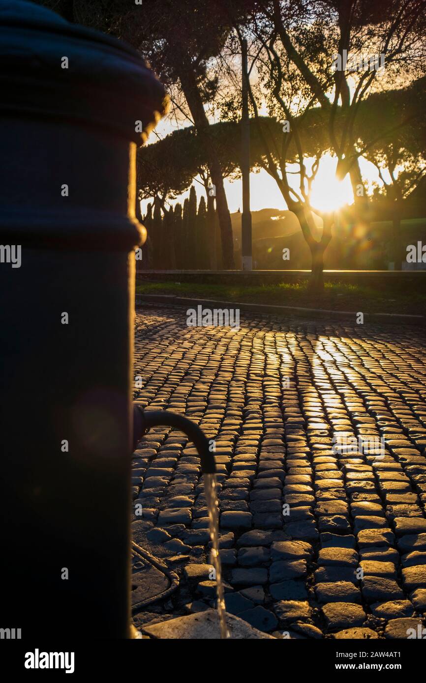 Promenade in Celio hill. Fountain and pine trees. Rome, Italy Stock ...