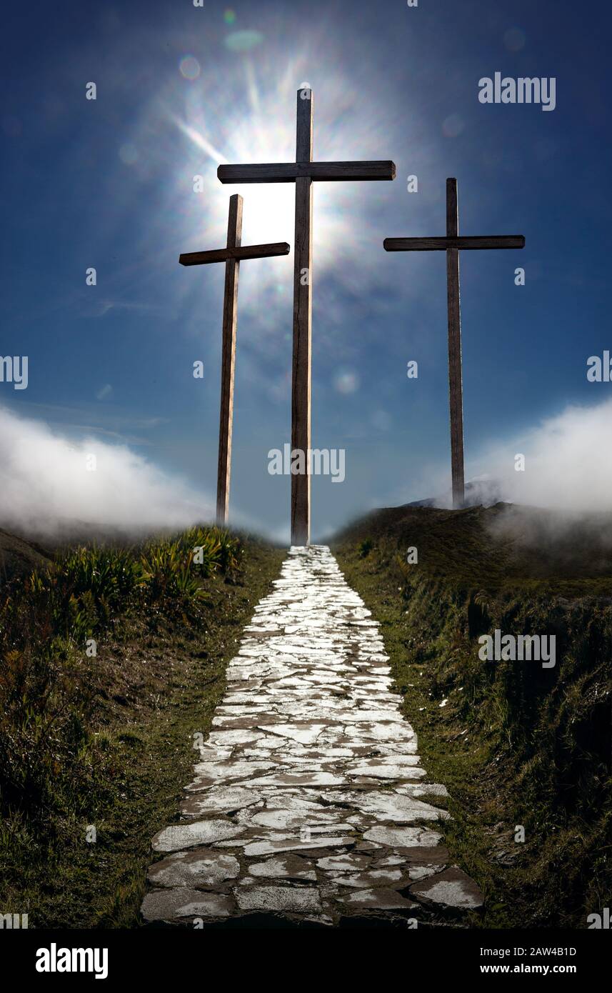 Crucifixion Of Jesus Christ At Sunrise - Three Crosses On Hill Stock ...