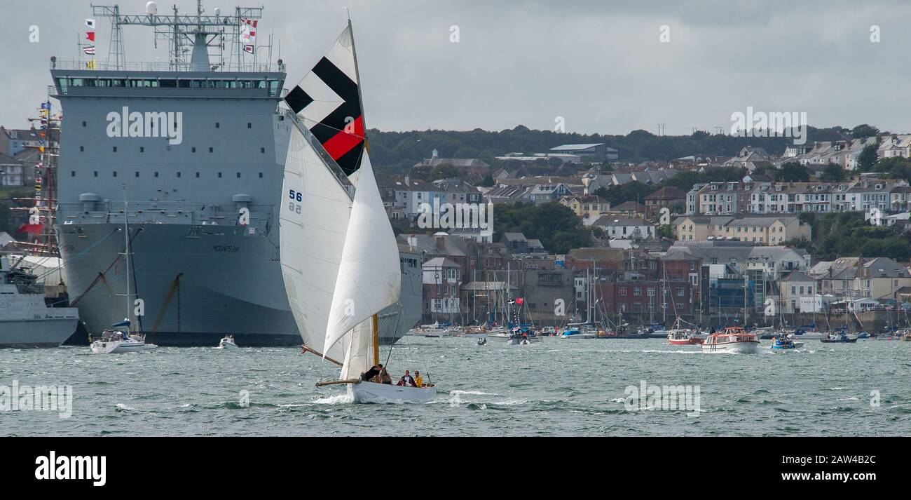 Traditional Falmouth working boat in full sail in the breezes of the ...