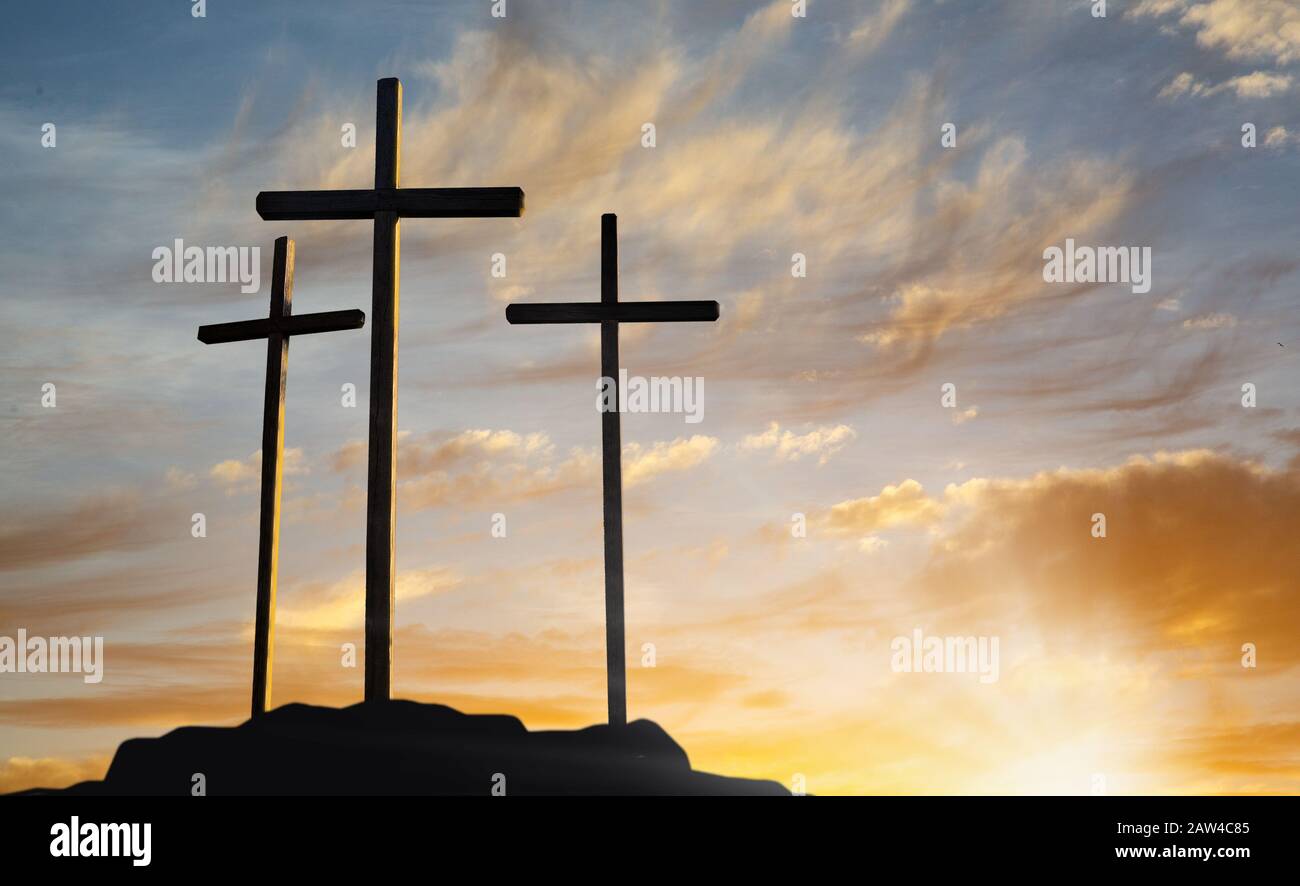 Crucifixion Of Jesus Christ At Sunrise - Three Crosses On Hill Stock ...