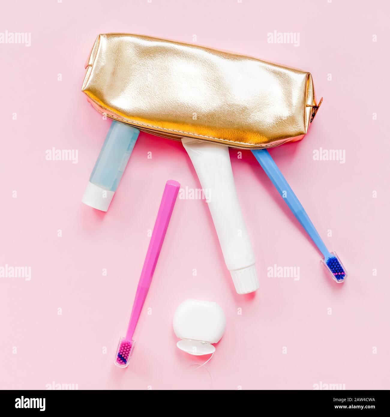 Teeth hygiene and oral dental care products in golden travel cosmetic ...