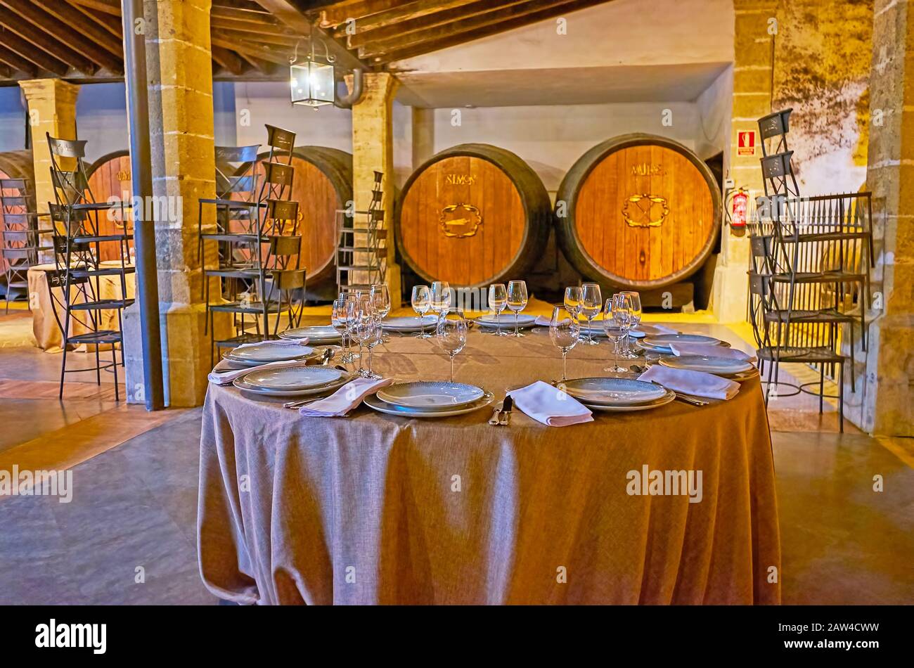 JEREZ, SPAIN - SEPTEMBER 20, 2019: The table, served for dinner in ...
