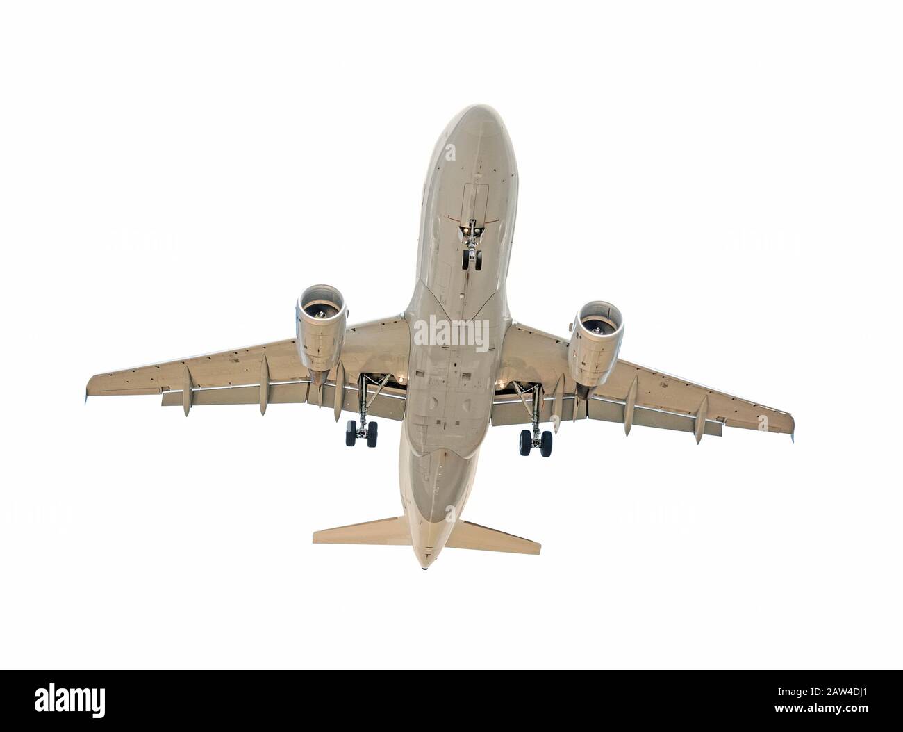Flying airplane from below isolated on white background Stock Photo - Alamy