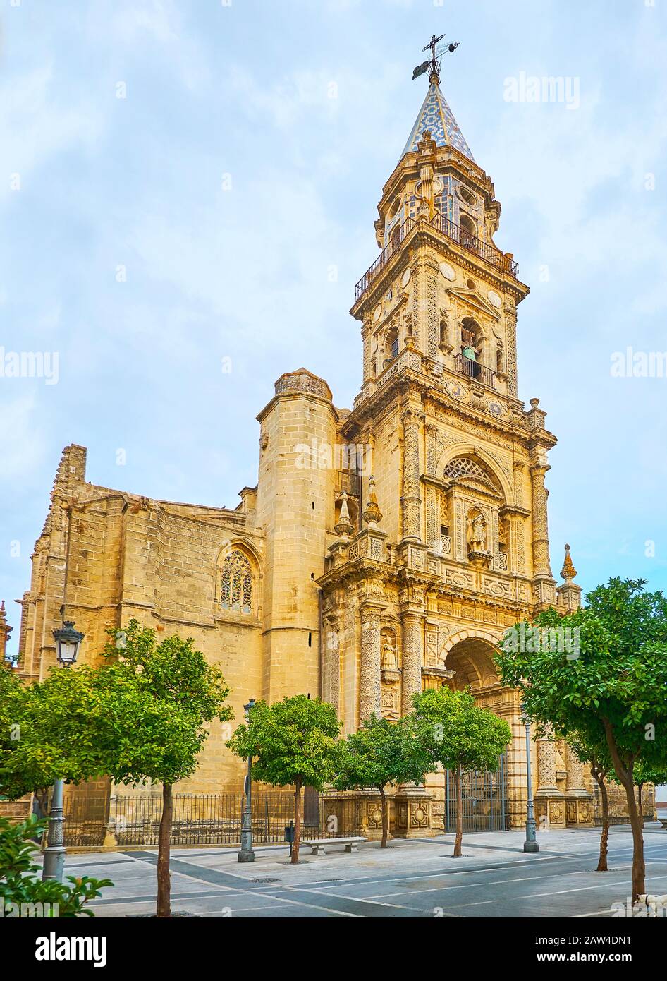 The facade of San Miguel church with rich carved limestone decorations ...